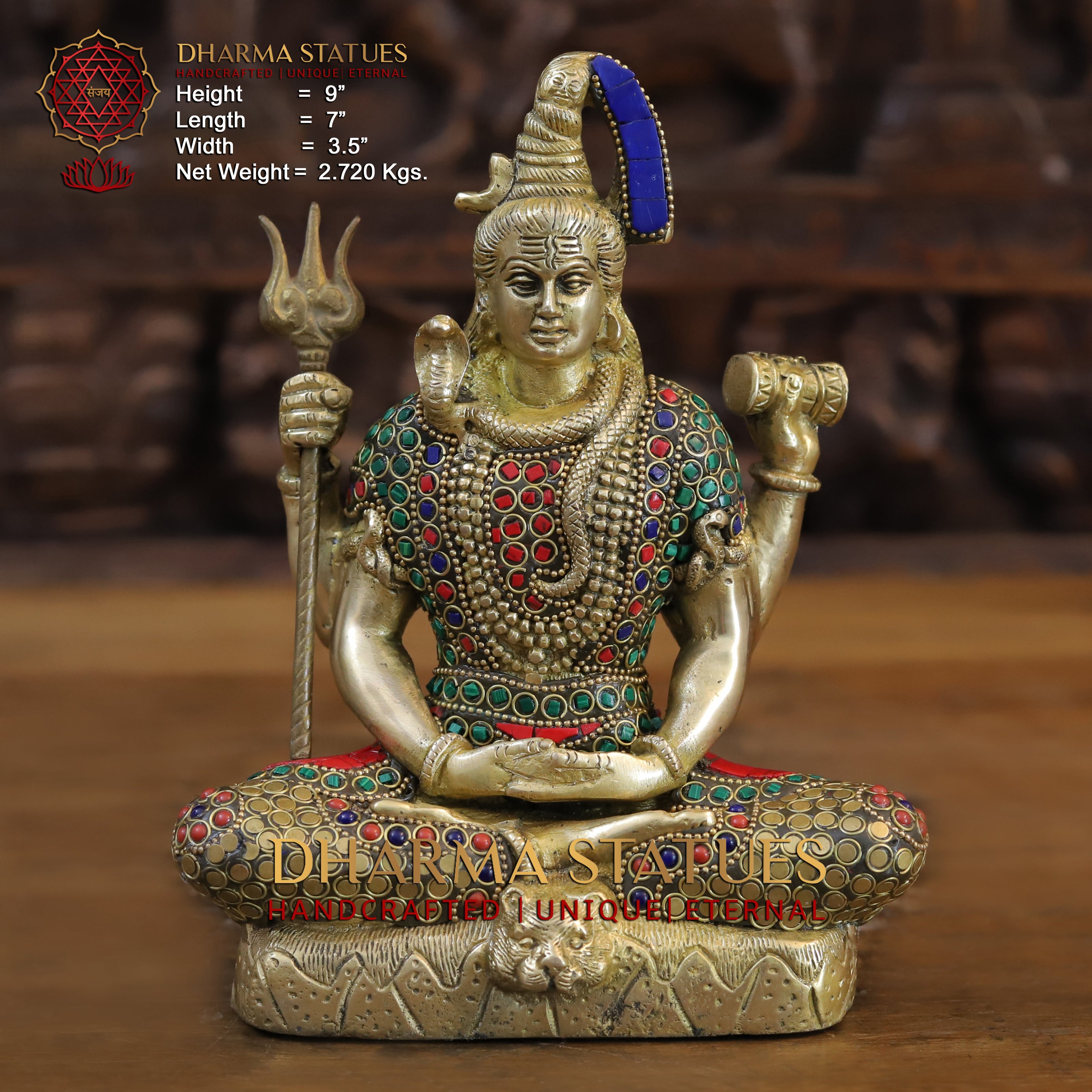 Brass Shiva seated, Golden & Stonework, 9" – Dharma Statues