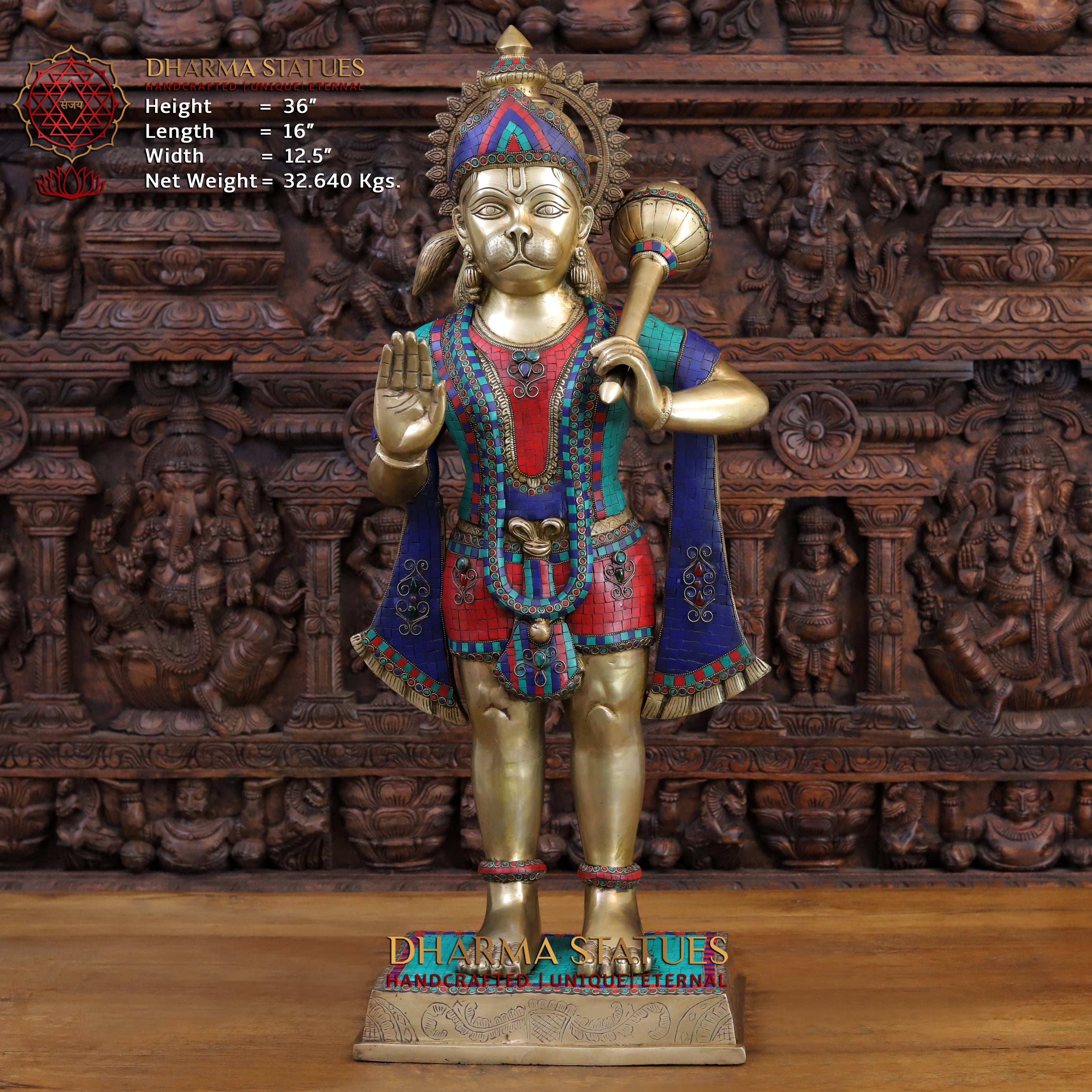 Brass Hanuman Statue, Standing, Fine Stone & Golden Work 36" – Dharma ...