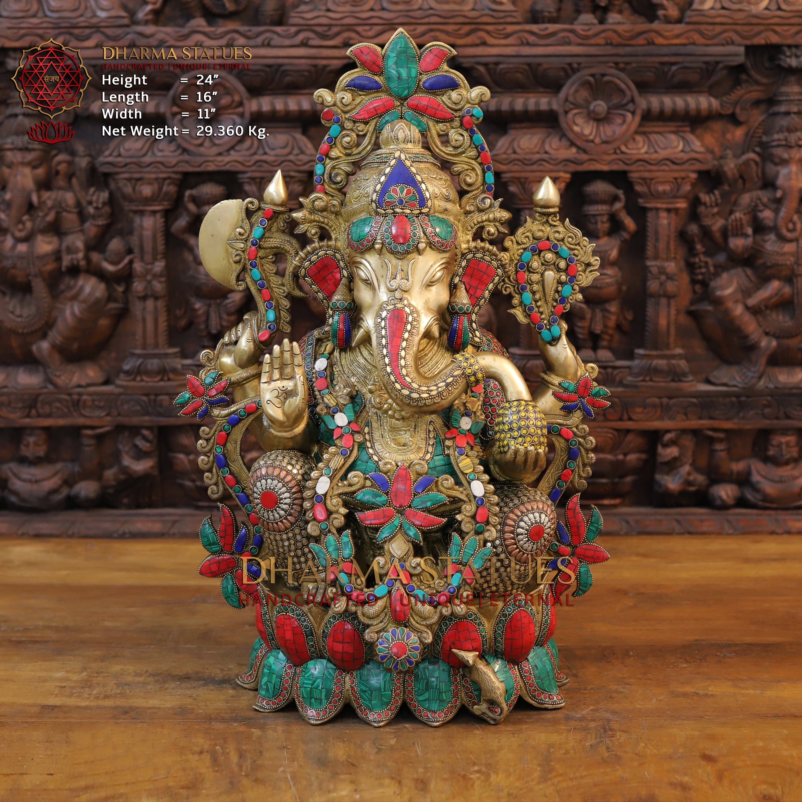 Brass Ganesh Seated with Rat, Golden Finish & Stonework, 24" – Dharma ...