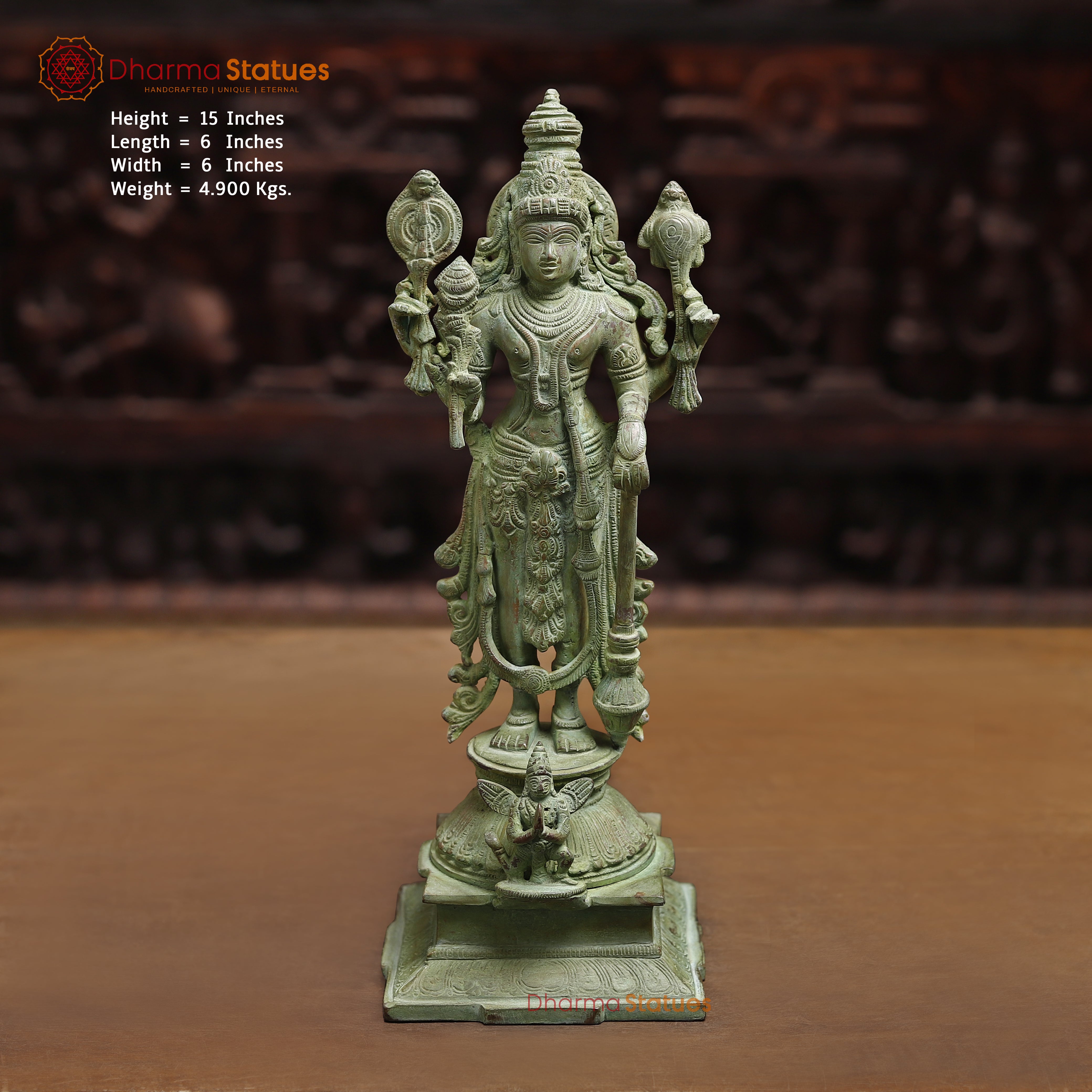 Brass Four-Armed Standing Vishnu, Green Patina Finish, 15" – Dharma Statues