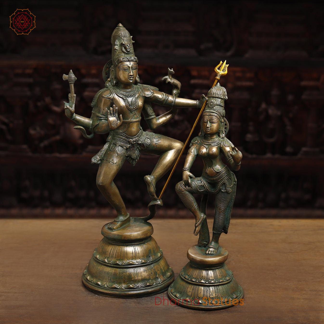 Brass Dancing Shiva and Parvati Statue, Antique Golden & Green Finish ...