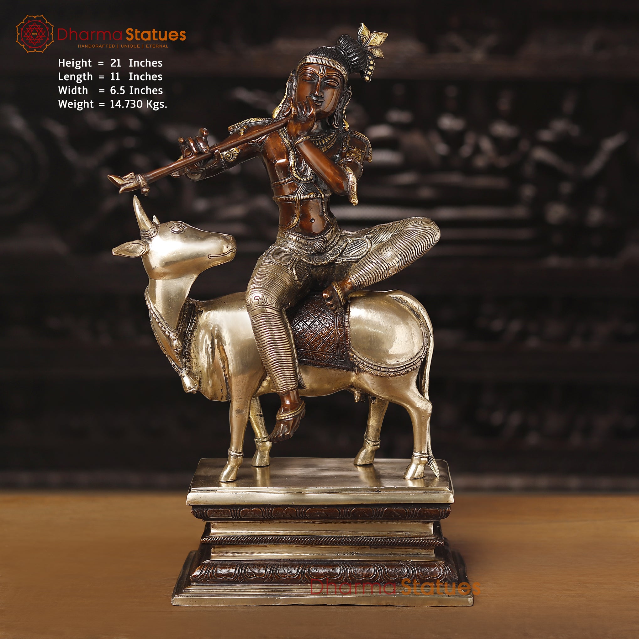 Shop Brass Krishna Statue | Seated on Cow | Golden & Copper Finish ...