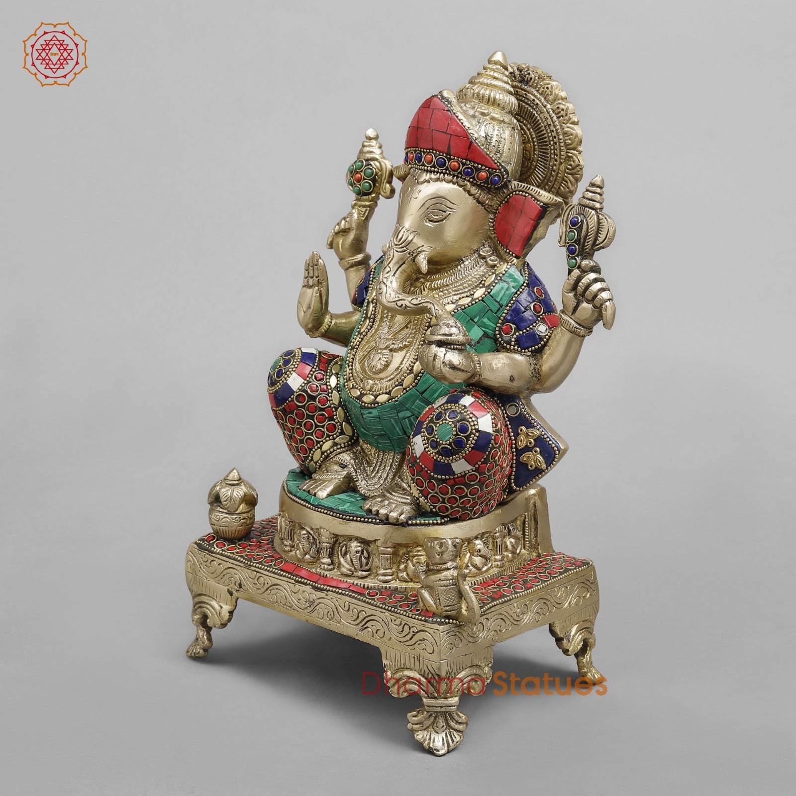 Brass Ganesh on chowki seated, Stone Work fine 12” – Dharma Statues