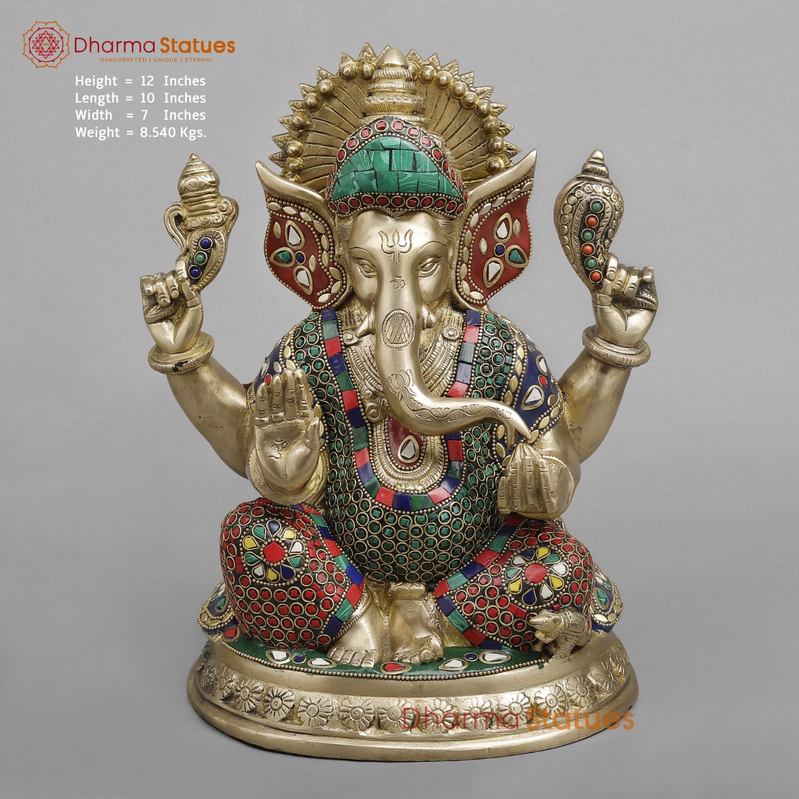 Brass Pooja Ganesh, Fine stone work 12” – Dharma Statues