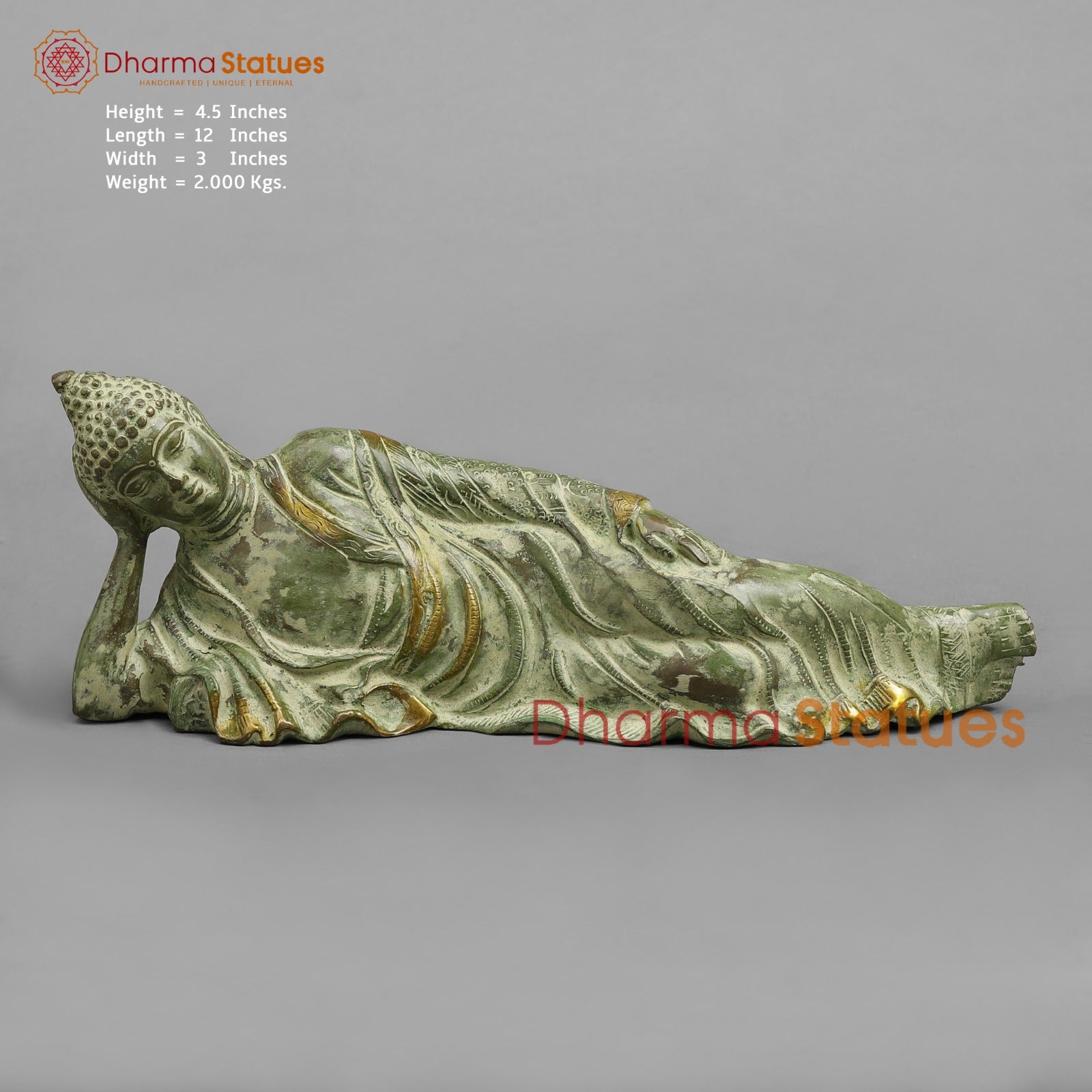 Brass Buddha Resting Fine, Leaf Green Patina 12” – Dharma Statues