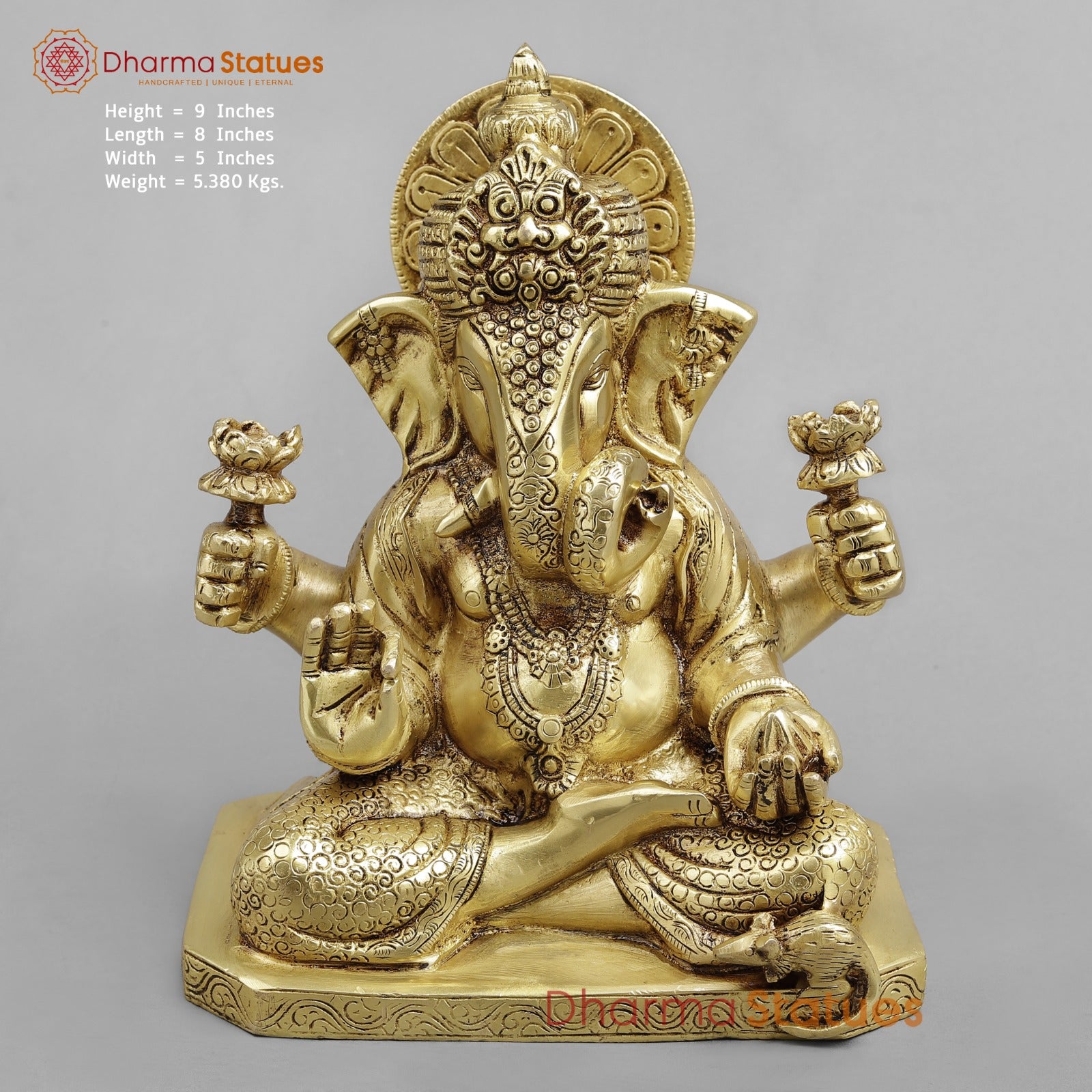 Brass Dagru Seth Ganesh Seated fine, Golden finish 9” – Dharma Statues