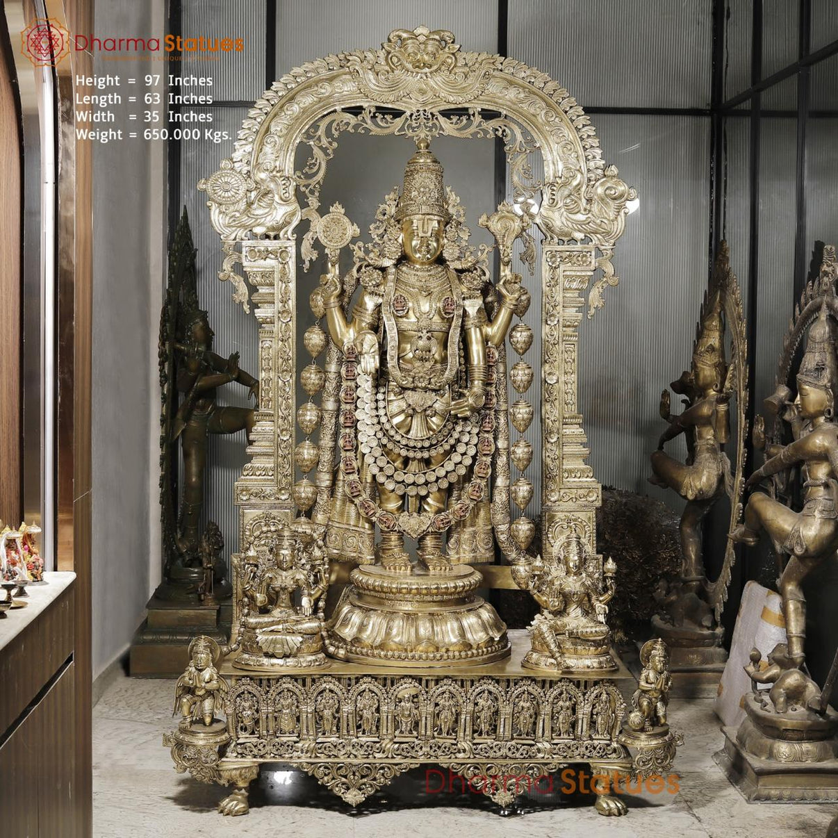 Bronze Tirupati Balaji Standing with Sridevi, Bhudevi and Arch 97” (Ma ...