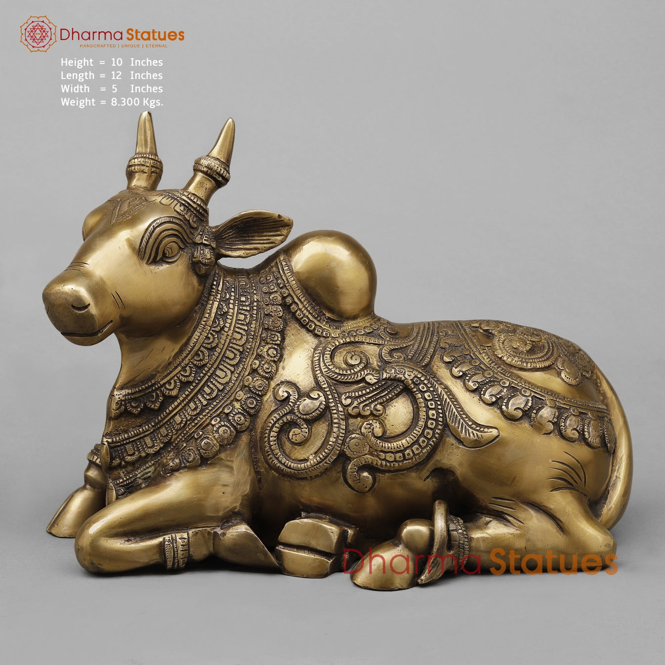 Brass Nanadi seated With Carving Fine, Antique Finish 13” – Dharma Statues